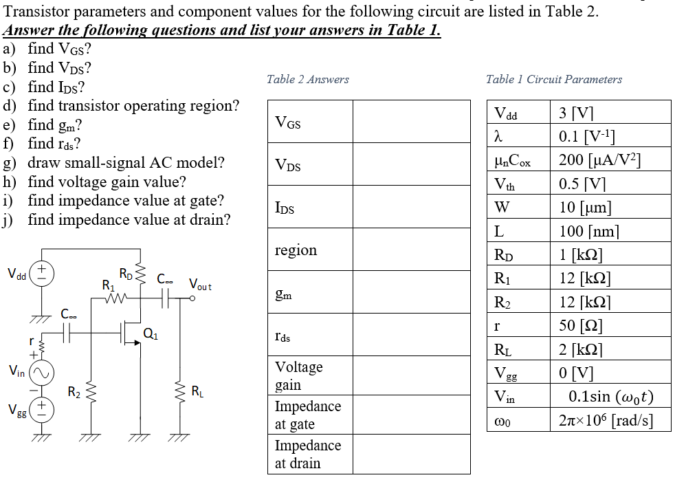 Solved VGS VDs Vth IDS W Transistor parameters and component | Chegg.com