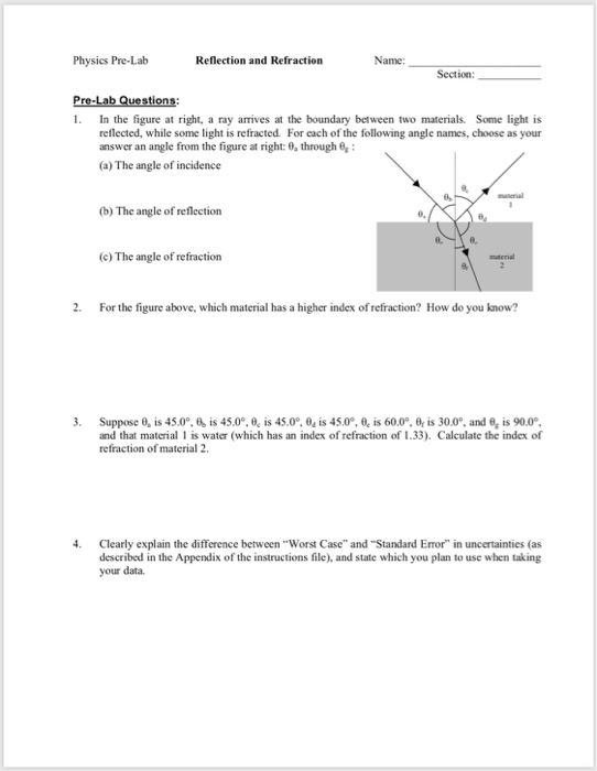 Solved Physics Pre-Lab Reflection and Refraction Name: | Chegg.com
