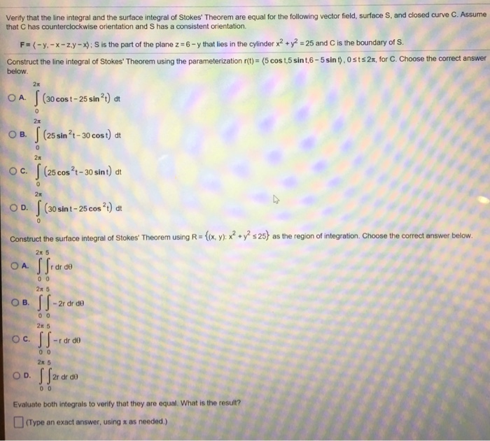 Solved Verify that the line integral and the surface | Chegg.com
