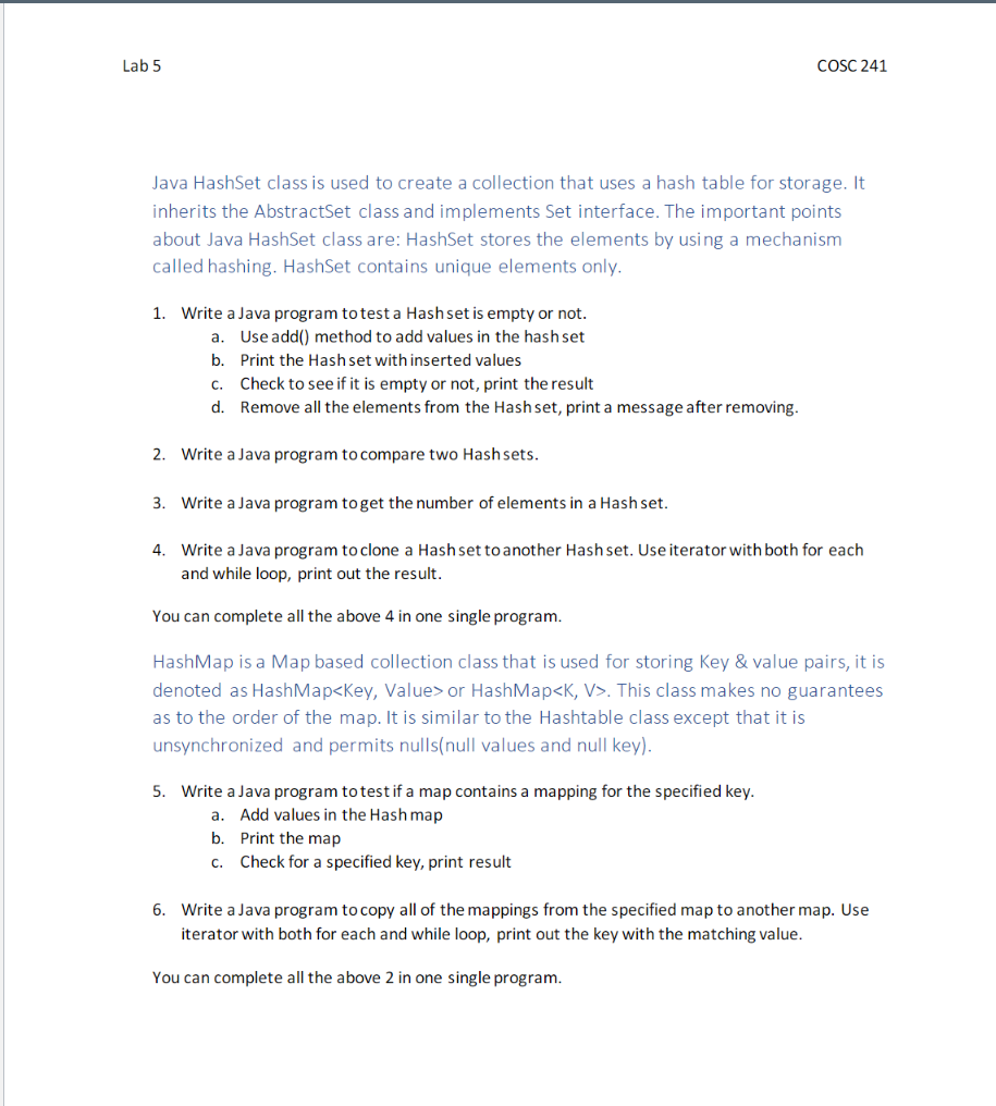 Solved Lab 5 COSC 241 Java HashSet class is used to create a | Chegg.com