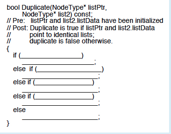 Solved bool Duplicate(NodeType* listPtr, NodeType* list2) | Chegg.com