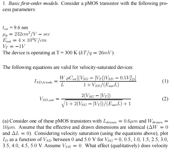 Solved 1. Basic first-order models. Consider a PMOS | Chegg.com