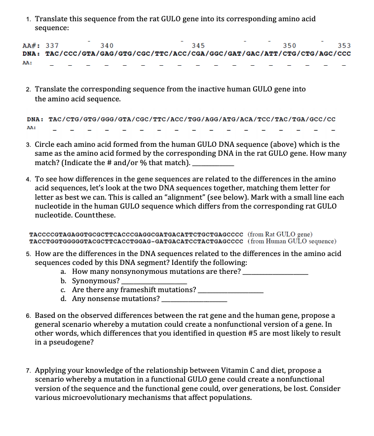 Solved 1. Translate this sequence from the rat GULO gene | Chegg.com