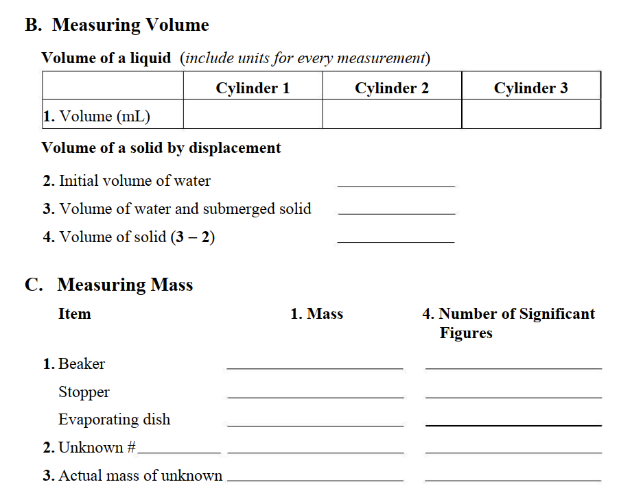 B. Measuring Volume Volume of a liquid (include units | Chegg.com