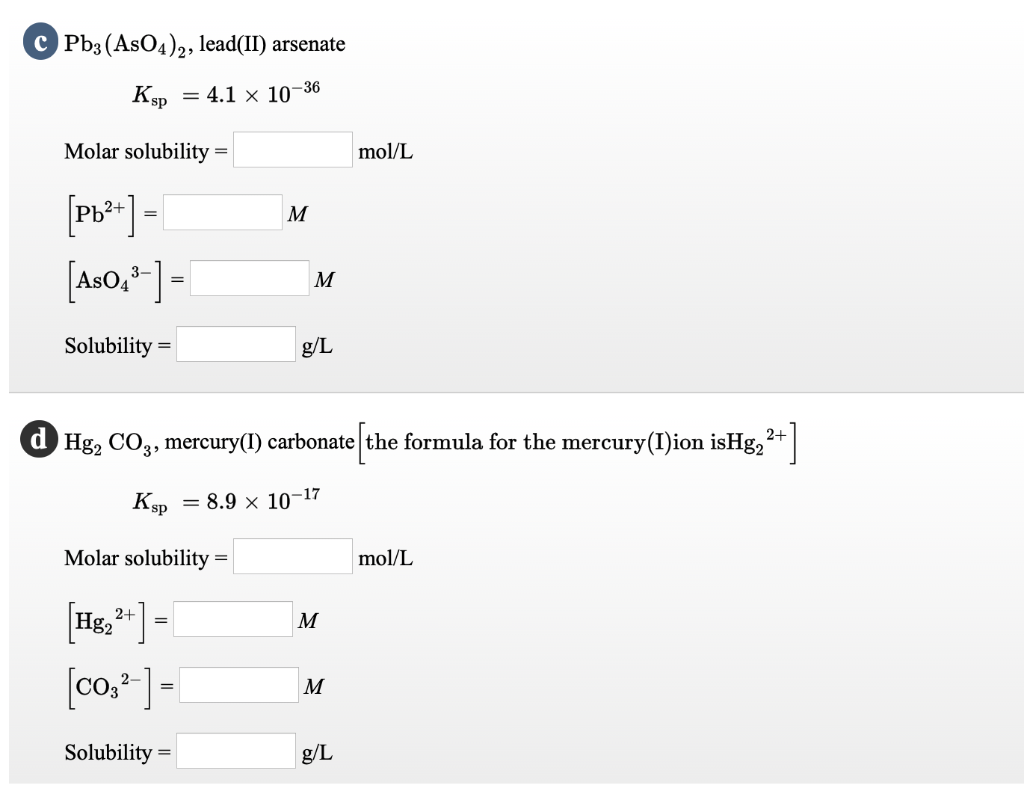 Solved Calculate molar solubilities, concentrations of | Chegg.com