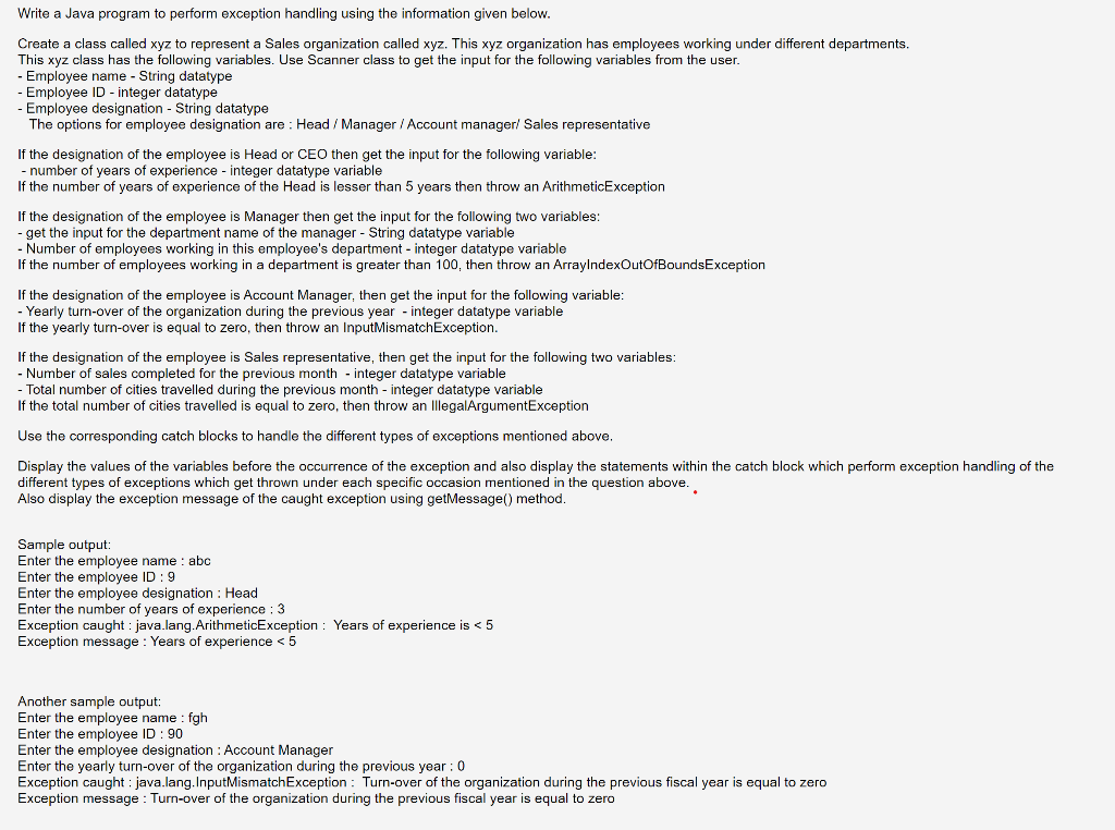 Solved Write a Java program to perform exception handling | Chegg.com