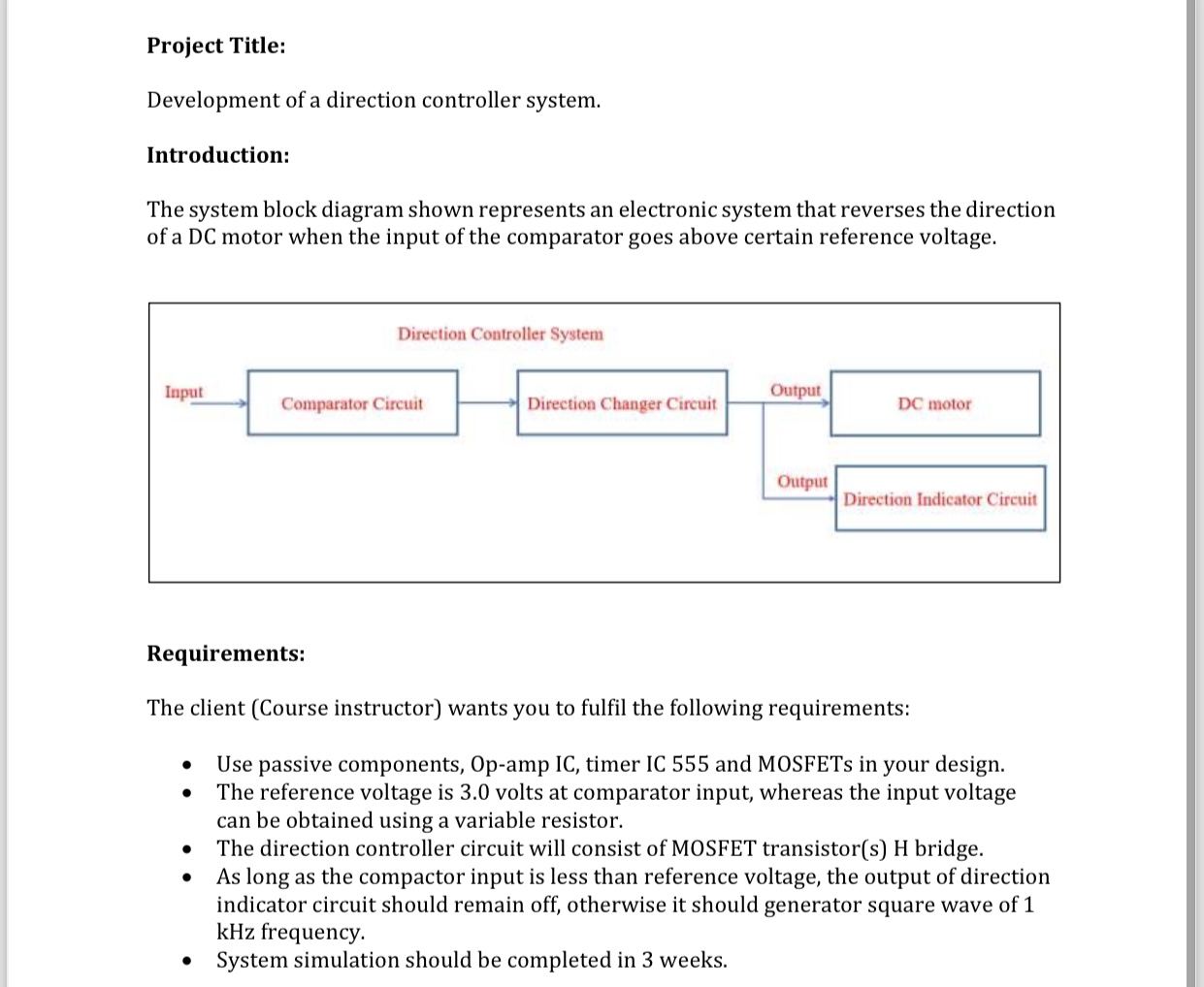 Project Title: Development of a direction controller | Chegg.com