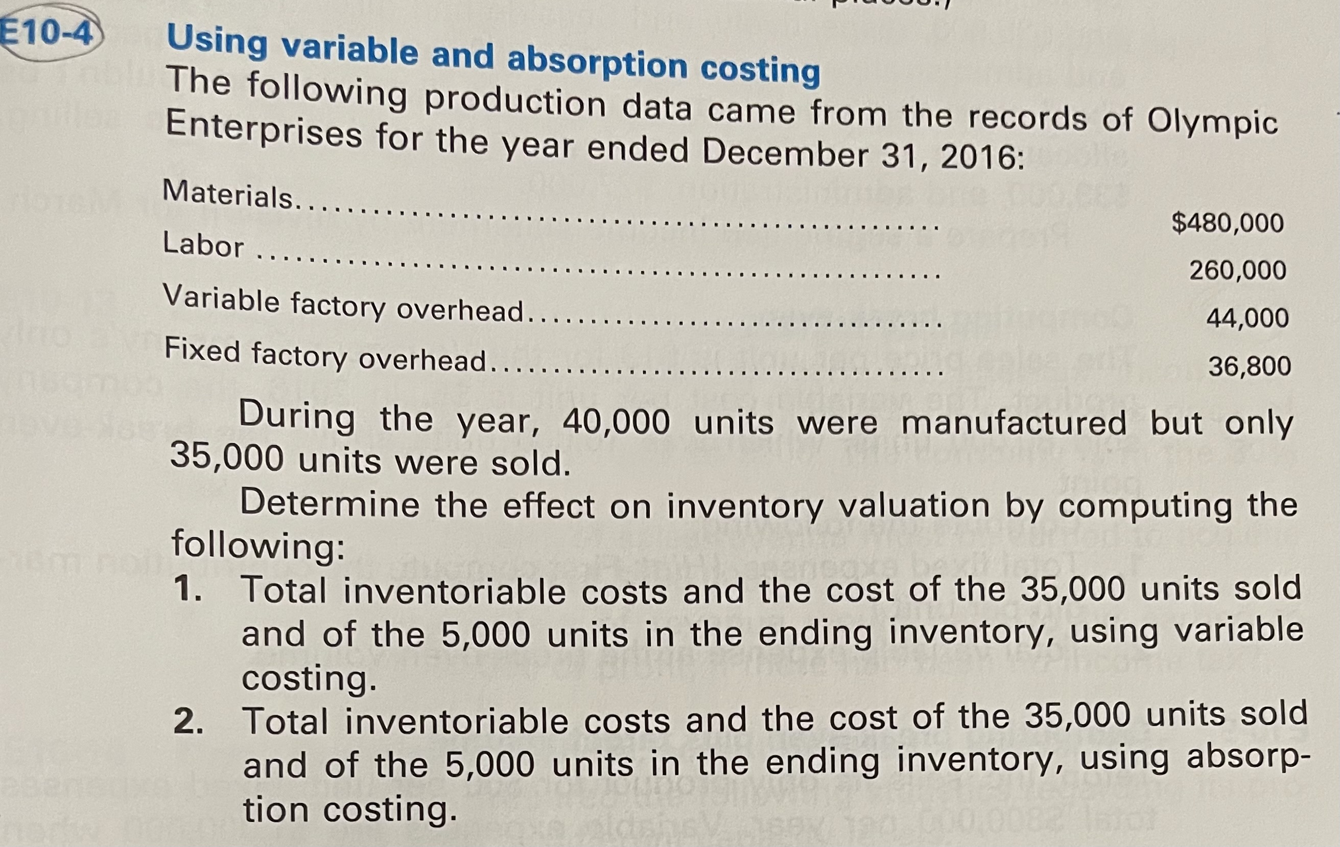 Solved Using variable and absorption costing The following | Chegg.com