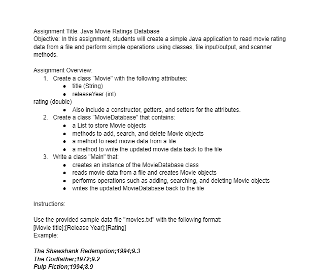 Solved Assignment Title: Java Movie Ratings Database | Chegg.com
