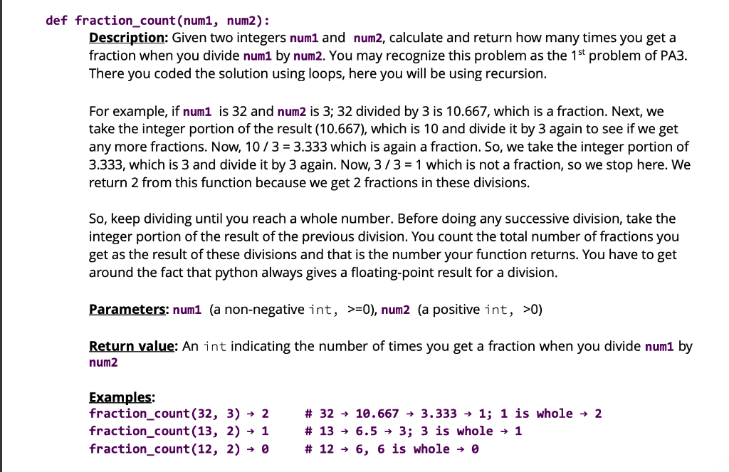 Solved def fraction_count(numi, num2): Description: Given | Chegg.com