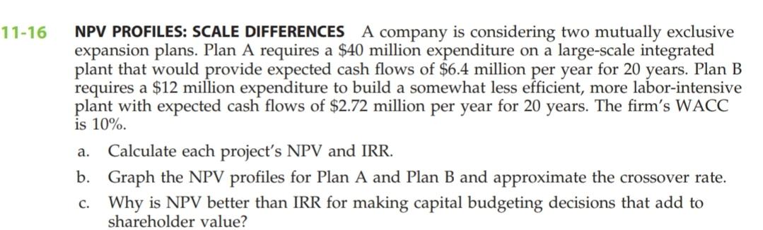 Solved 11-16 NPV PROFILES: SCALE DIFFERENCES A company is | Chegg.com