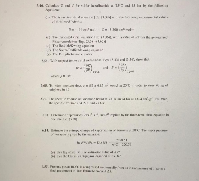 Solved 3.46. Calculate Z and V for sulfur hexafluoride at 75 | Chegg.com