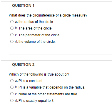 Solved QUESTION 1 What does the circumference of a circle | Chegg.com