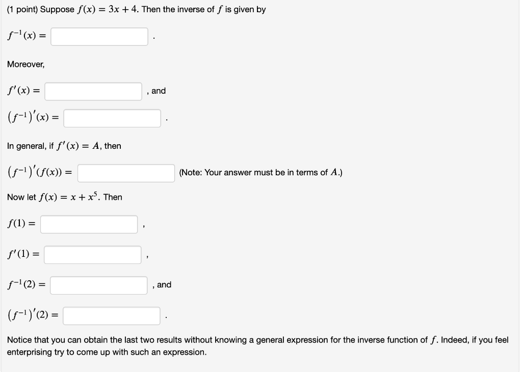 Solved (1 point) Suppose f(x) = 3x + 4. Then the inverse of | Chegg.com