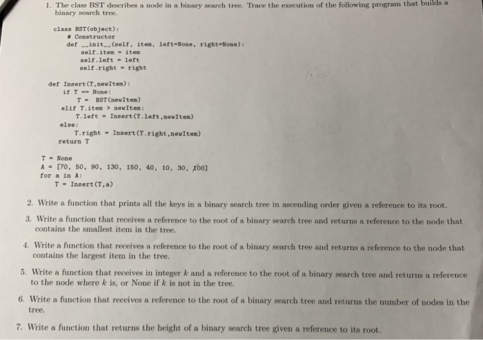 Solved 1. The class BST describes a node in a binary search | Chegg.com