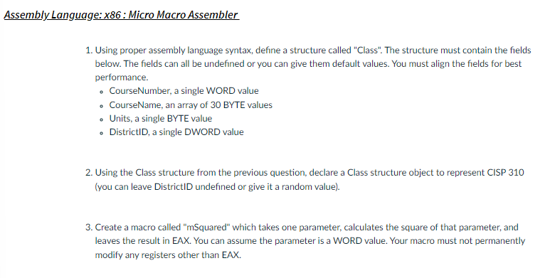 Solved 1. Using proper assembly language syntax, define a | Chegg.com