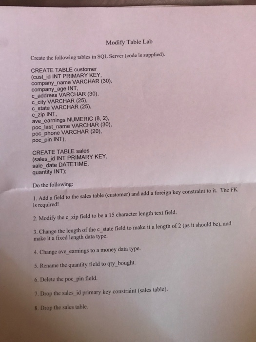 Solved Modify Table Lab Create the following tables in SQL | Chegg.com