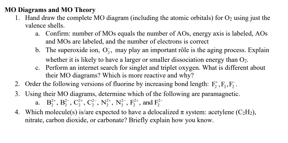 Solved MO Diagrams and MO Theory 1. Hand draw the complete | Chegg.com