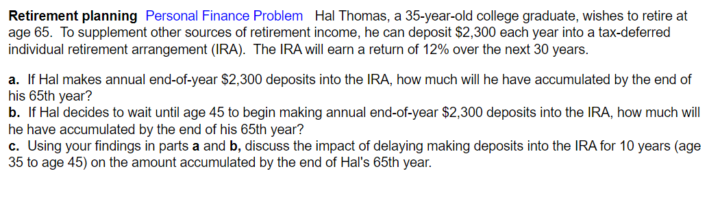 Solved Retirement planning Personal Finance Problem Hal | Chegg.com
