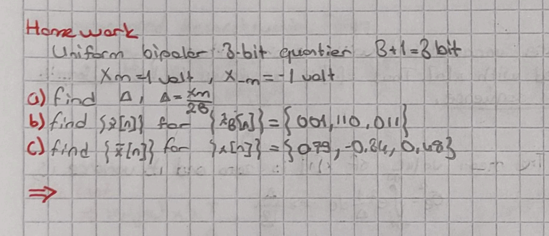 Solved HW Unifom, bipular 3-bit quantizer \\( 3+1=3 \\) bit. | Chegg.com