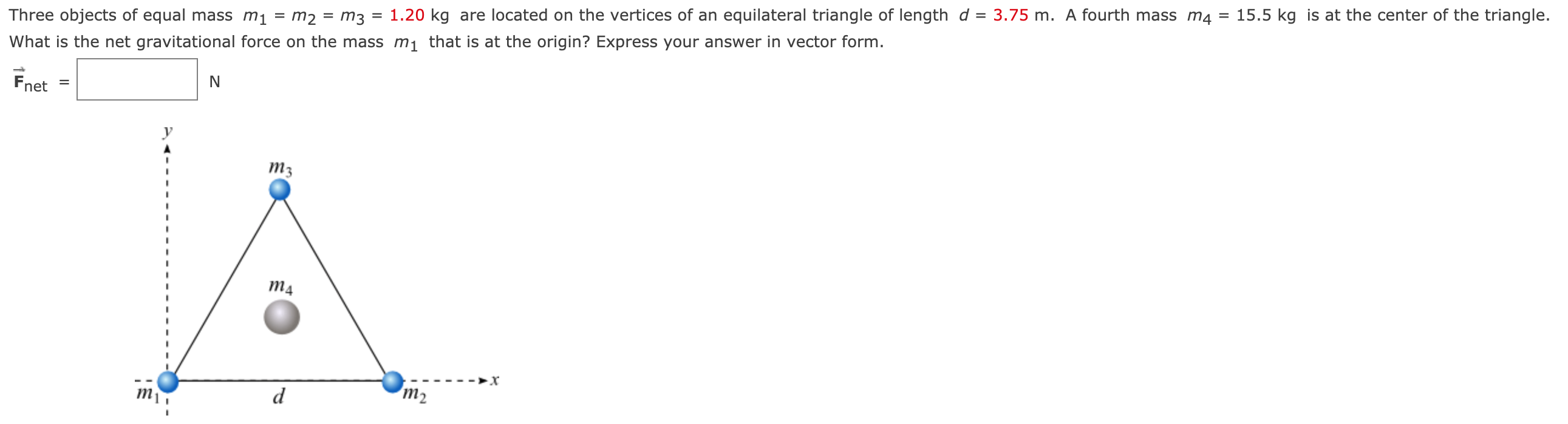 Solved Three objects of equal mass m1 = m2 = m3 1.20 kg are | Chegg.com