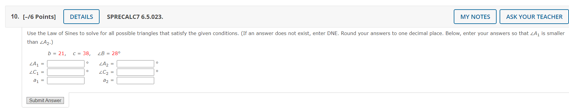 Solved 10. [-/6 Points] SPRECALC7 6.5.023. Use the Law of | Chegg.com