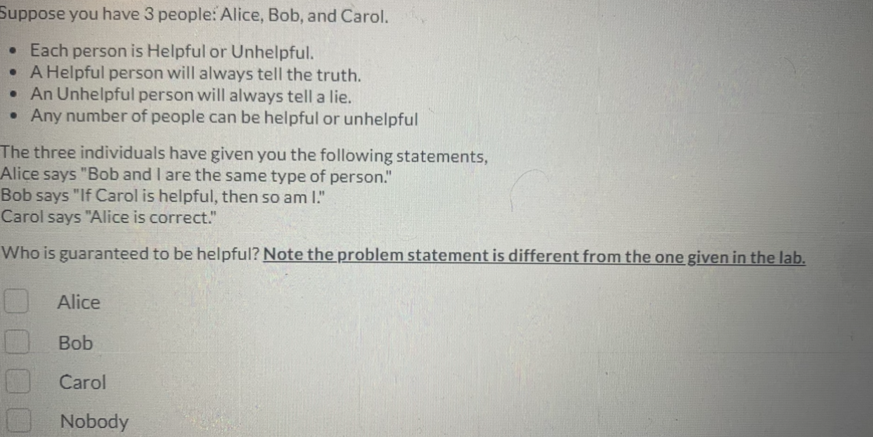 Solved Suppose you have 3 people: Alice, Bob, and Carol. - | Chegg.com
