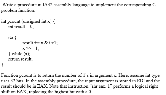 Write a procedure in IA32 assembly language to | Chegg.com