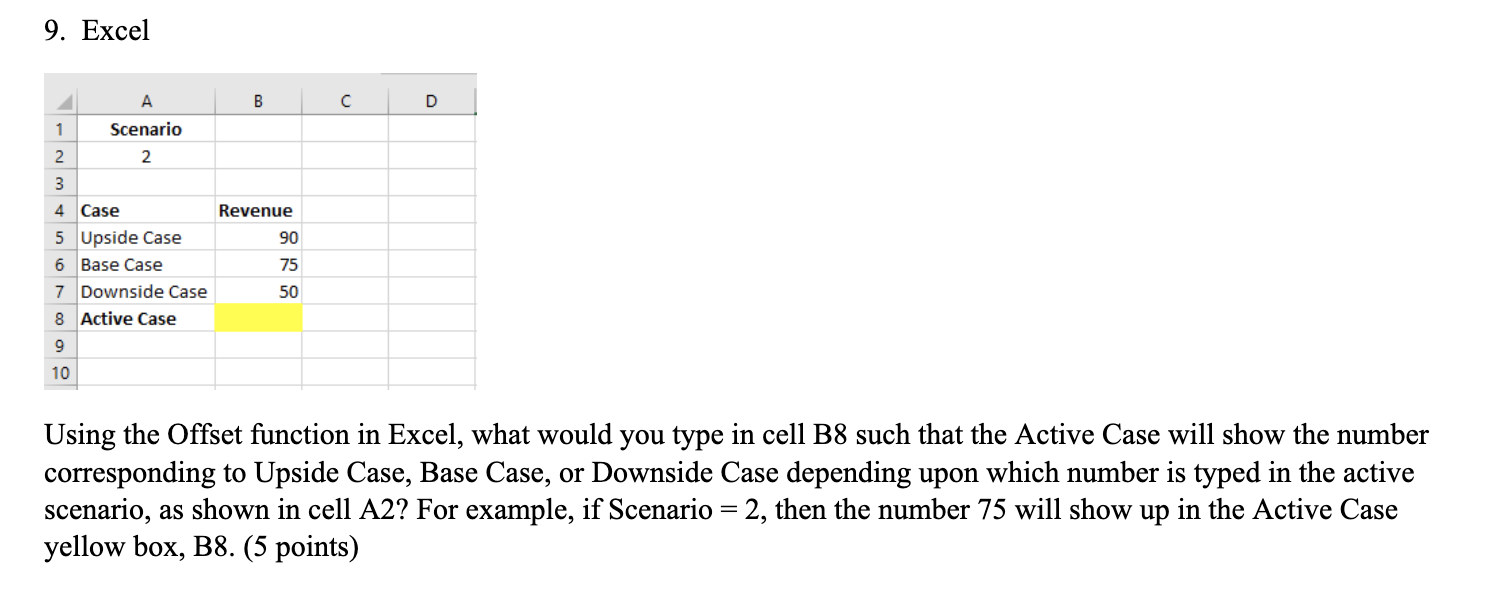 Solved 9. Excel A B с D 1 Scenario 2 2 3 4 Case 5 Upside | Chegg.com