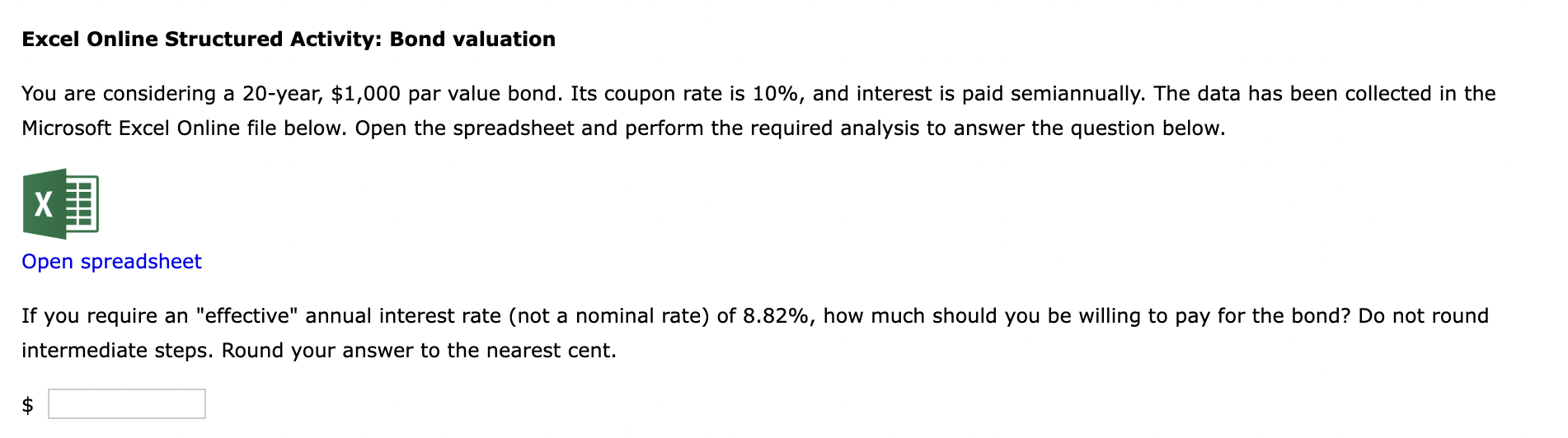 Solved Excel Online Structured Activity: Bond valuation You | Chegg.com