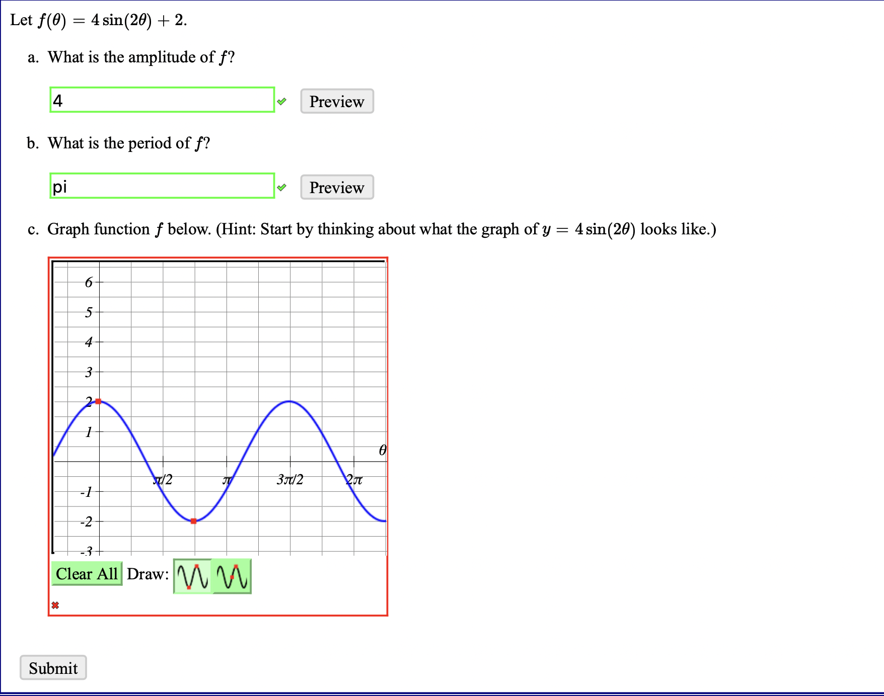 Solved et f(θ)=4sin(2θ)+2 a. What is the amplitude of f ? b. | Chegg.com
