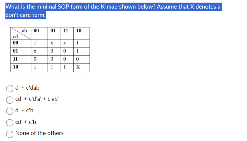 Solved What is the minimal SOP form of the K-map shown | Chegg.com