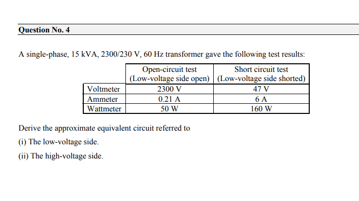 Solved Question No.4 A single-phase, 15 kVA, 2300/230 V, 60 | Chegg.com Solved Question No.4 A single-phase, 15 kVA, 2300/230 V, 60 | Chegg.com