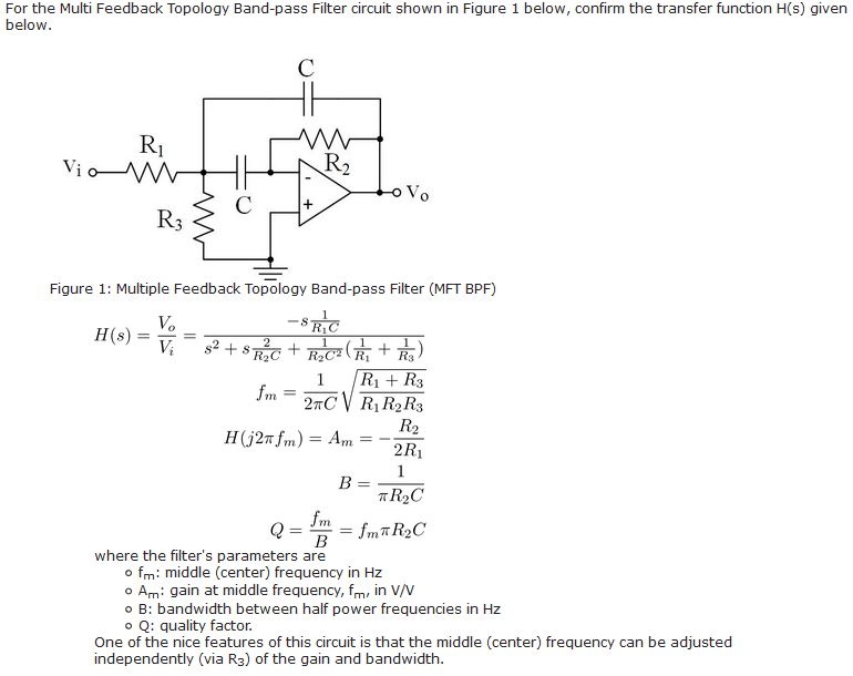 Solved For the Multi Feedback Topology Band-pass Filter | Chegg.com