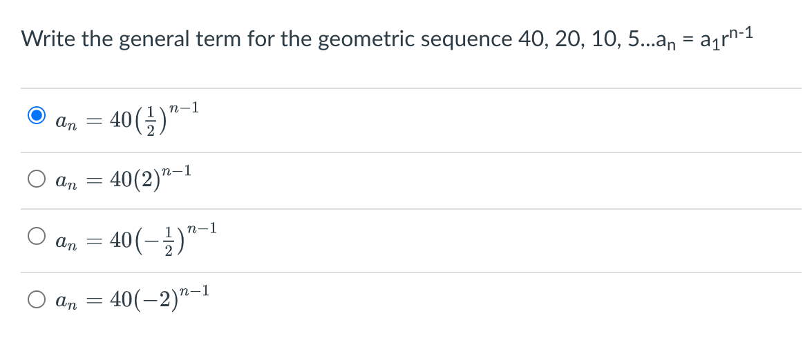 Solved -Find the eighth term of the geometric sequence 40, | Chegg.com