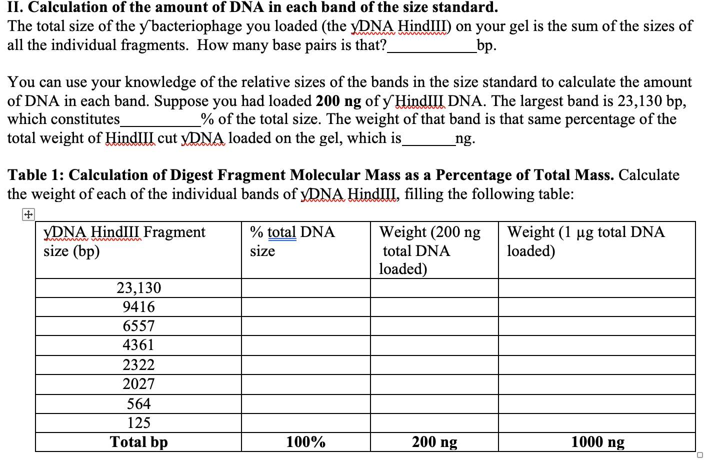 Solved II. Calculation of the amount of DNA in each band of | Chegg.com