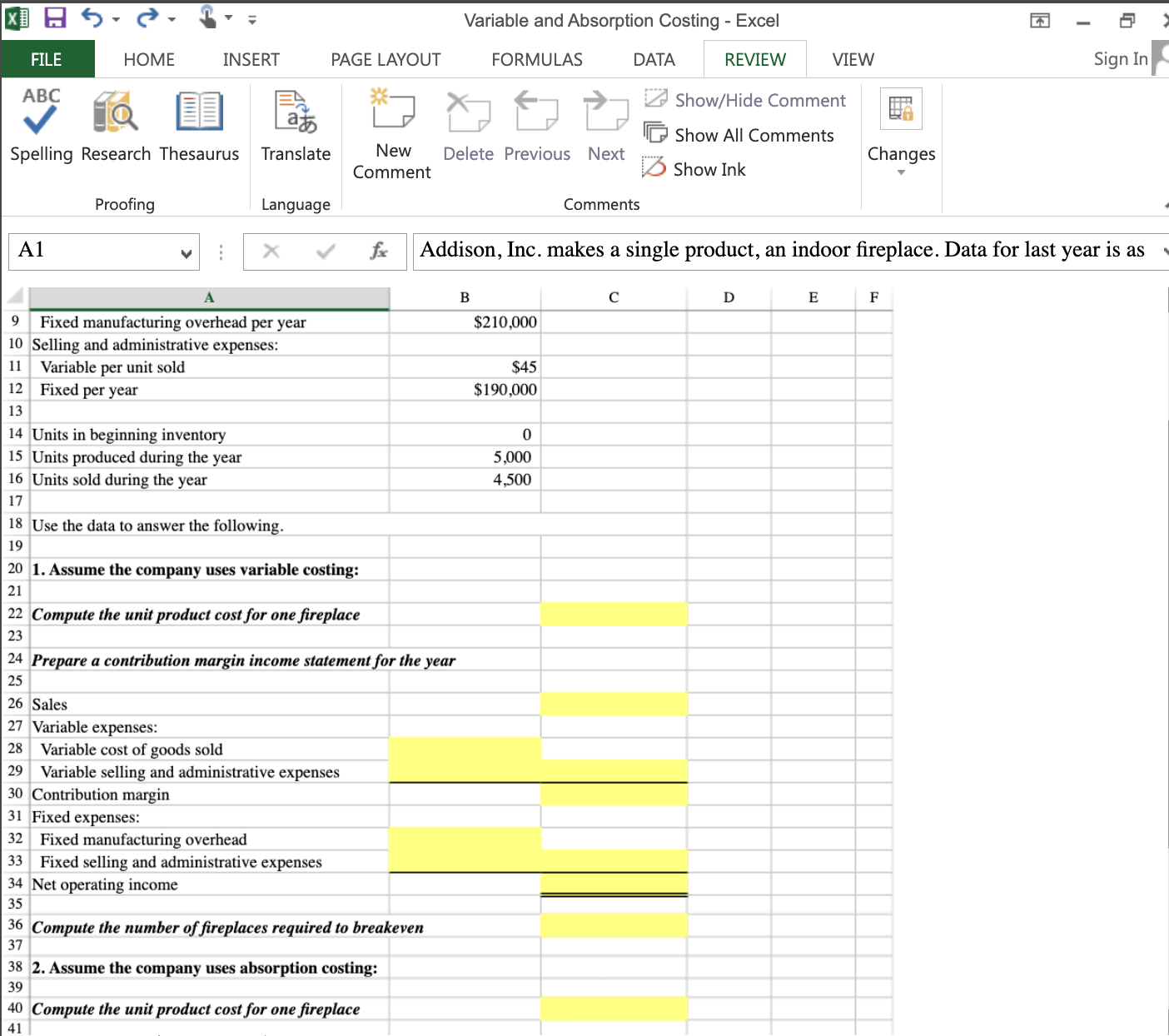 Variable and Absorption Costing - Excel Spelling | Chegg.com