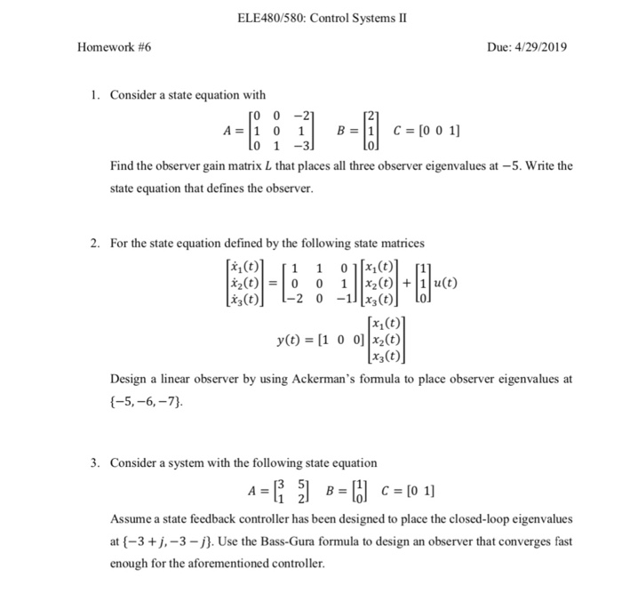 Solved ELE480/580: Control Systems II Homework #6 Due: | Chegg.com