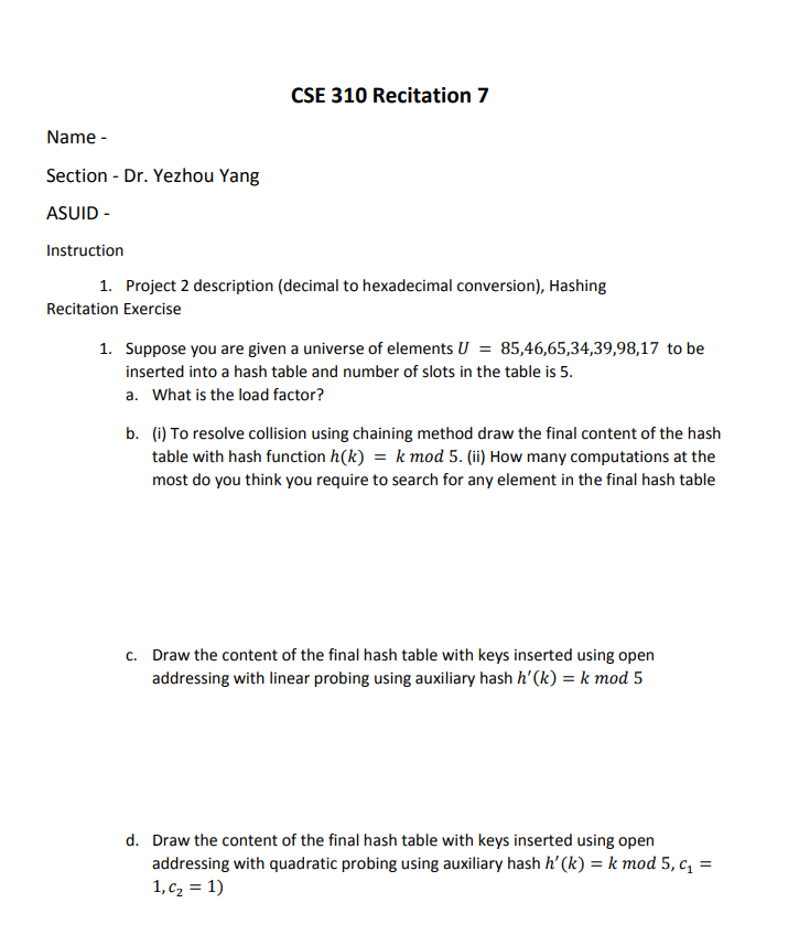 Solved Cse 310 Recitation 7 Name Section Dr Yezhou Yang
