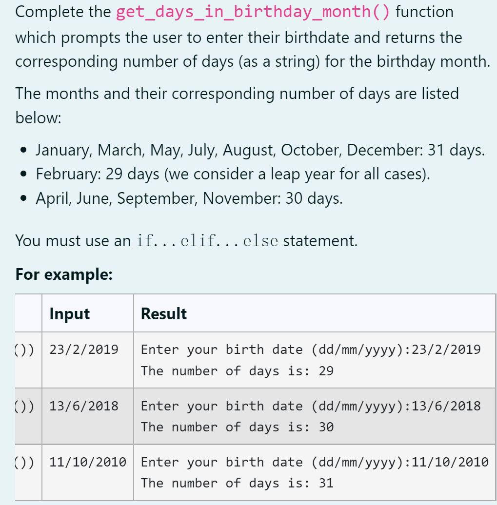 Solved Complete the get_days_in_birthday_month() function | Chegg.com
