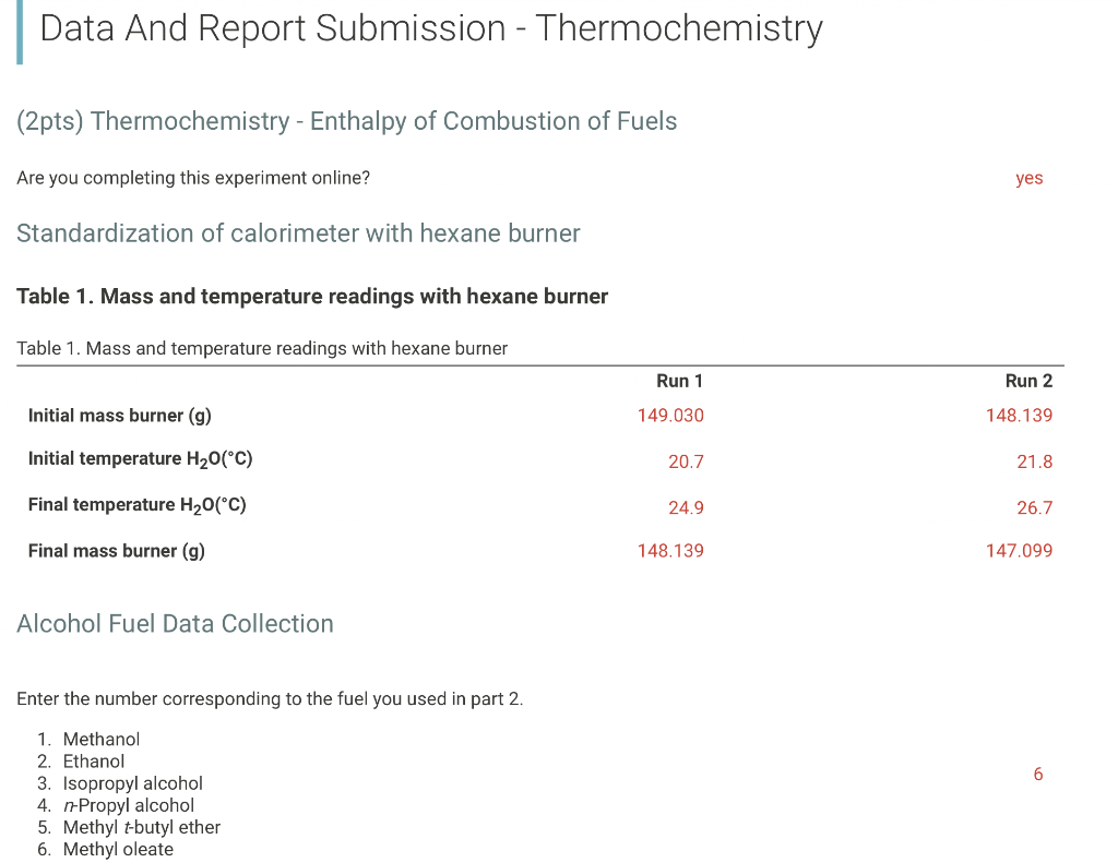 Solved Data And Report Submission - Thermochemistry (2pts) | Chegg.com
