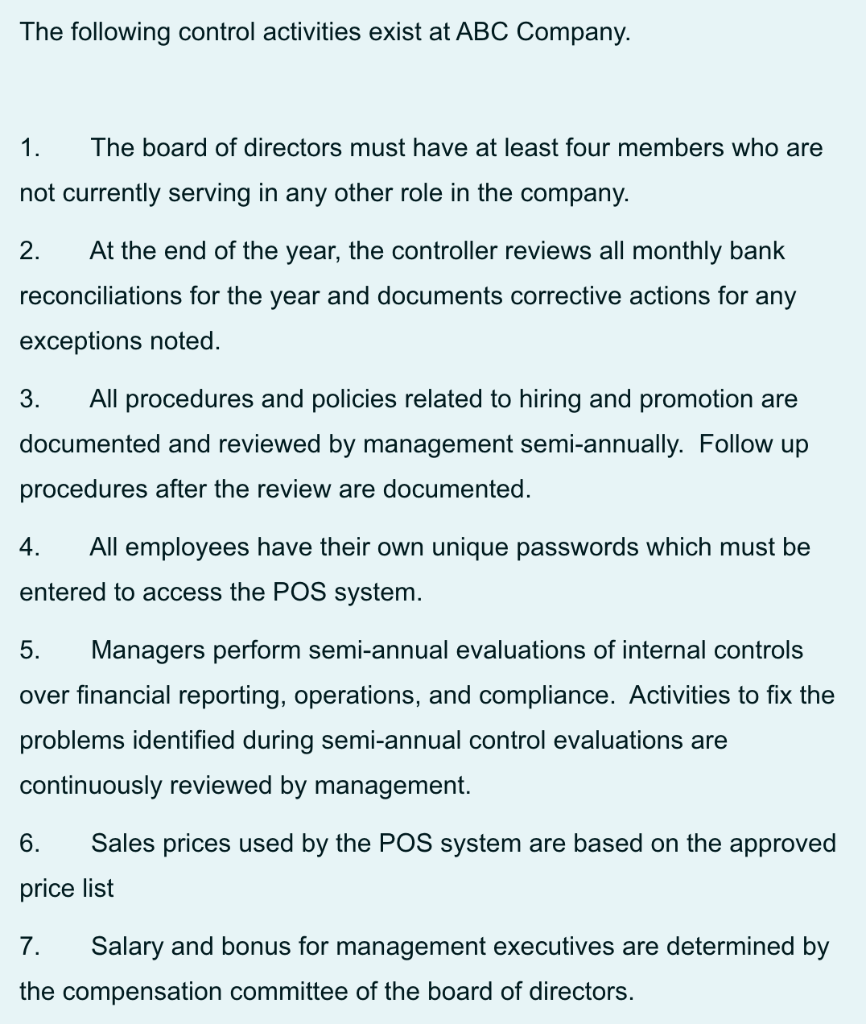Solved The following control activities exist at ABC | Chegg.com