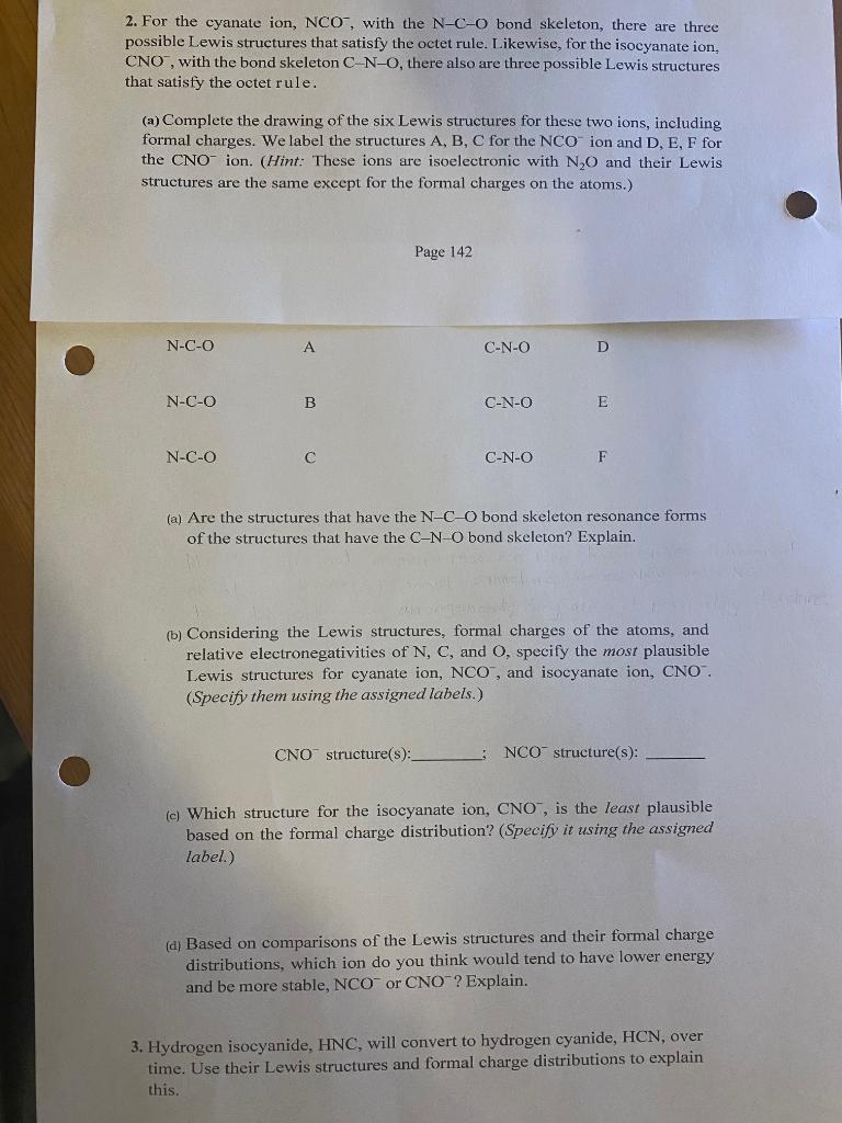 Solved 2. For the cyanate ion, NCO, with the N-C-O bond | Chegg.com