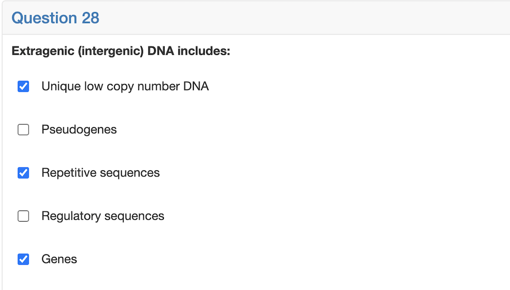 Solved Question 28 Extragenic (intergenic) DNA includes: | Chegg.com