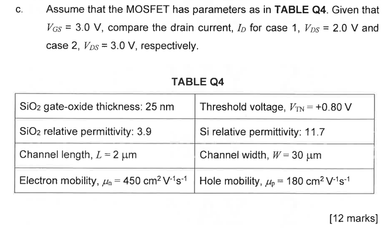 Solved Assume that the MOSFET has parameters as in TABLE Q4. | Chegg.com