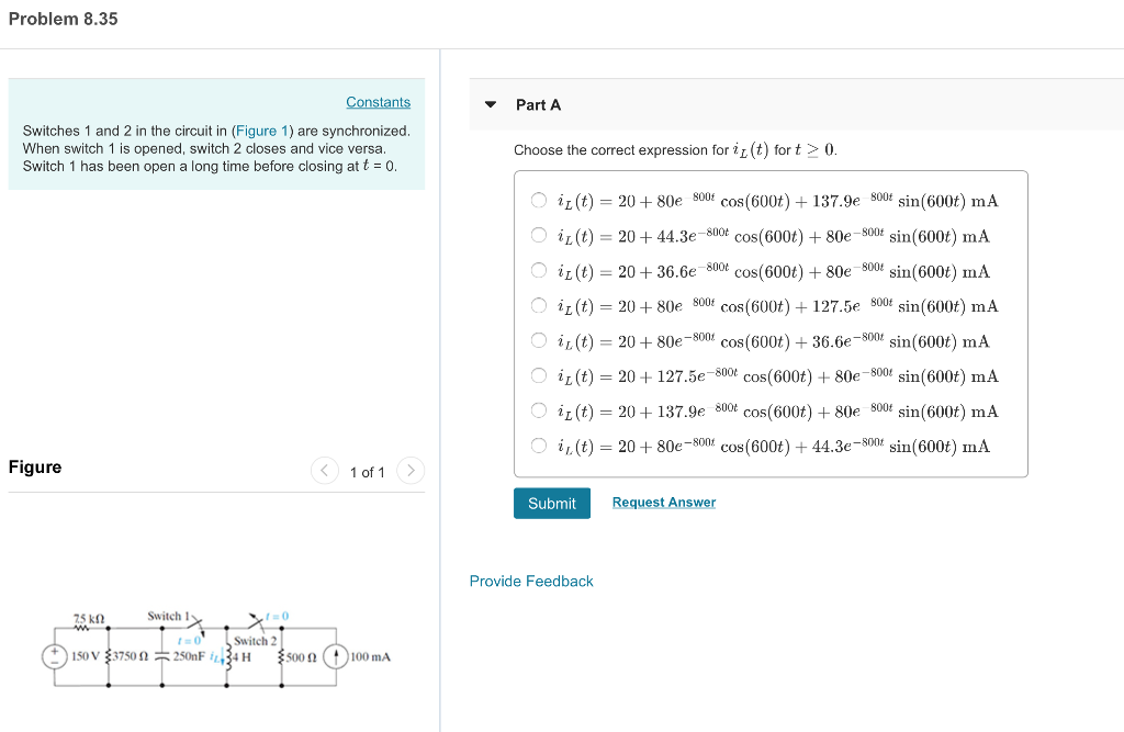 Solved Problem 8.35 Constants Part A Switches 1 and 2 in the | Chegg.com