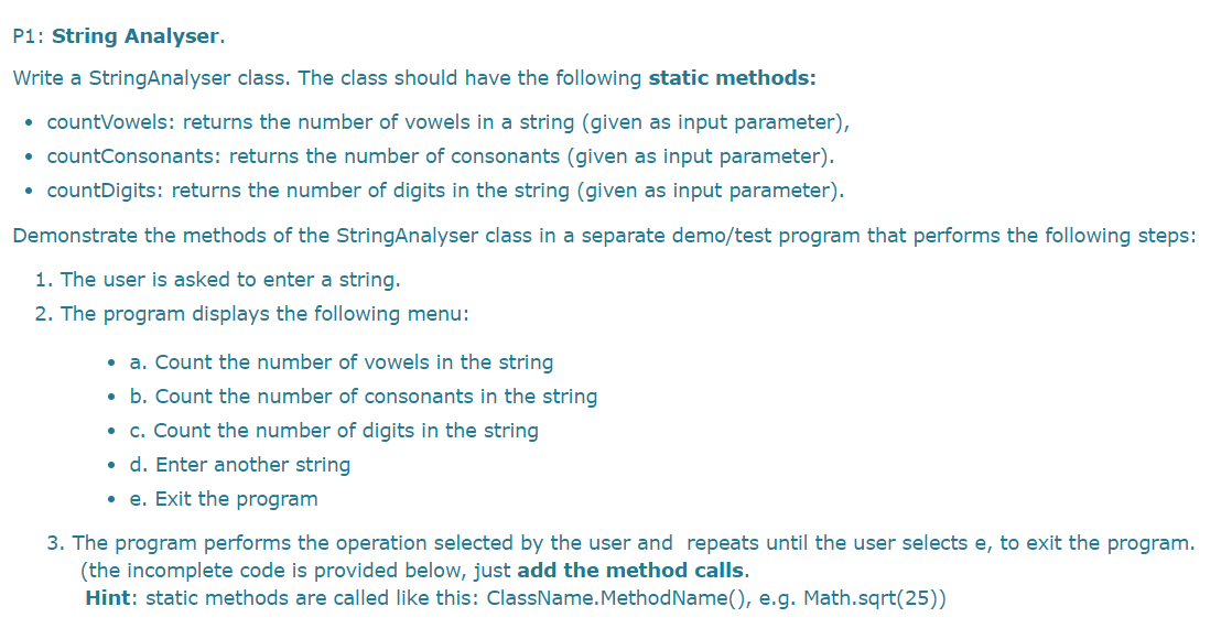 Solved P1: String Analyser. Write a StringAnalyser class. | Chegg.com