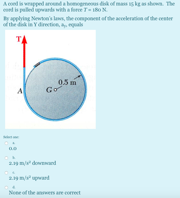 Solved A cord is wrapped around a homogeneous disk of mass | Chegg.com