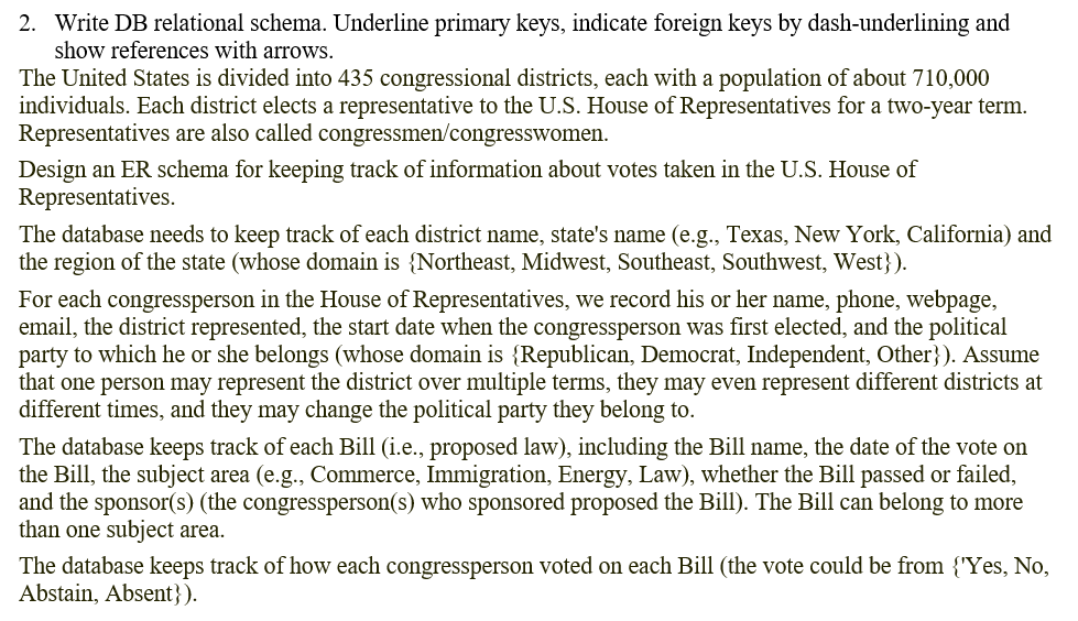 Solved 2. Write DB relational schema. Underline primary | Chegg.com