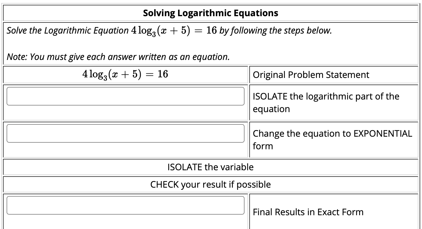 Solved Solving Logarithmic Equations Solve the Logarithmic | Chegg.com